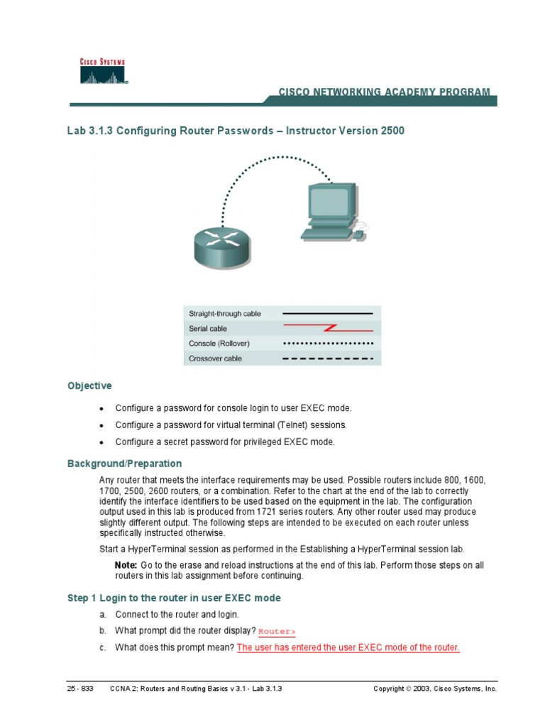 Lab 3.1.3 Configuring Router Passwords - Instructor Version 2500 | Download Free PDF | Cisco ...
