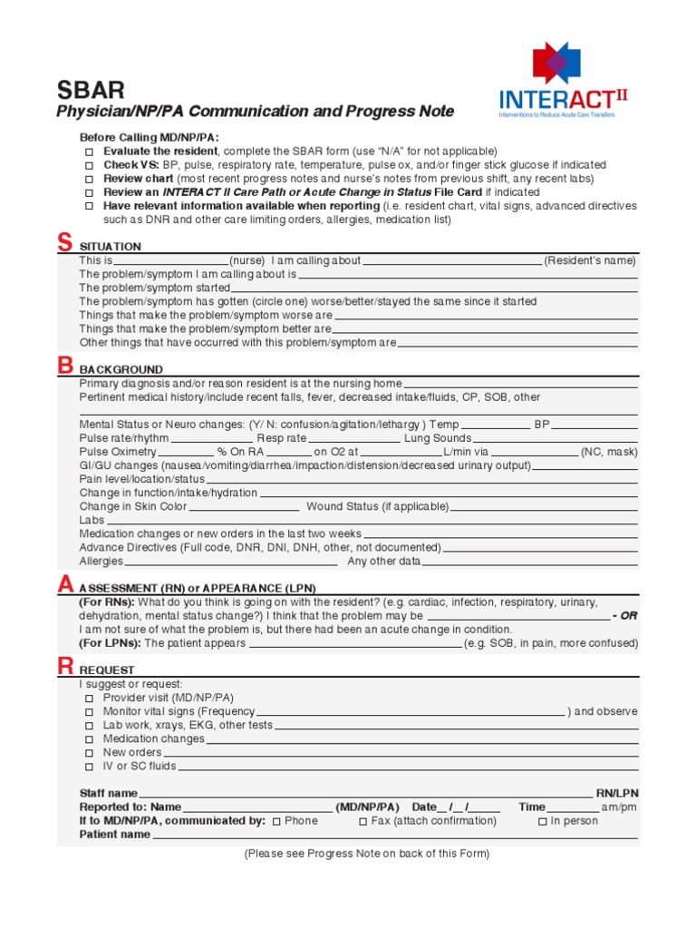 SBAR Communication Tool and Progress Note | Download Free PDF ...