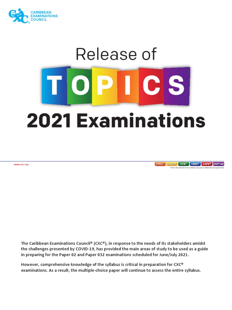 CXC Release of Topics For June/July 2021 Examinations | PDF | Clothing ...