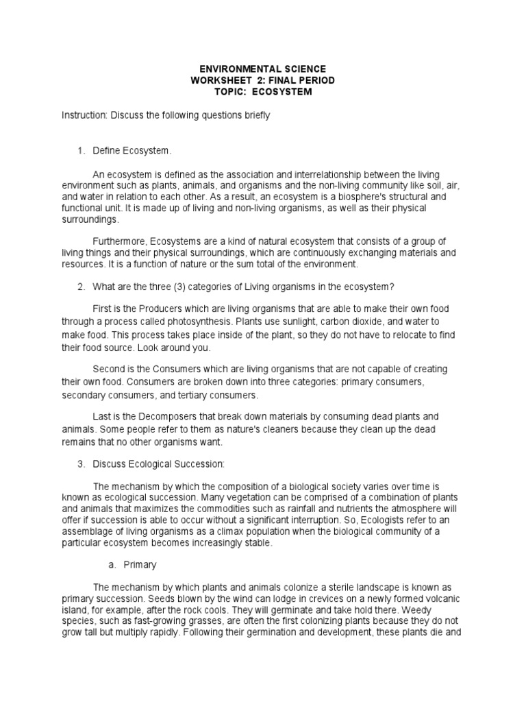 Environmental Science Worksheet 2: Final Period Topic: Ecosystem | PDF ...