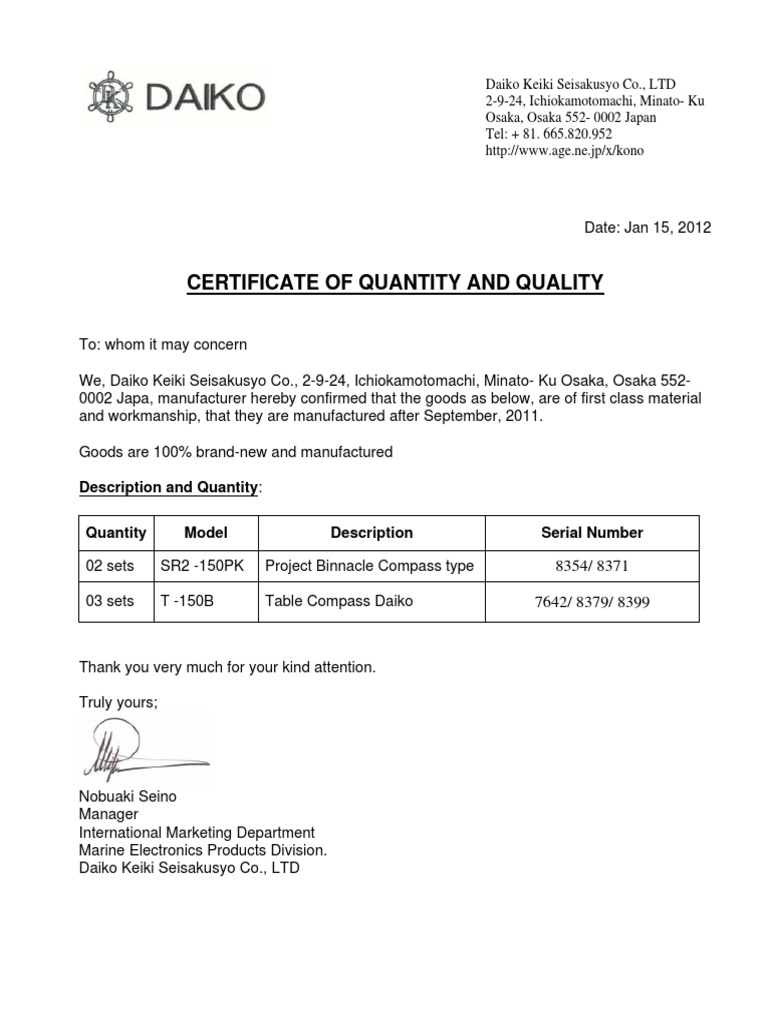 Certificate of Quantity and Quality | PDF