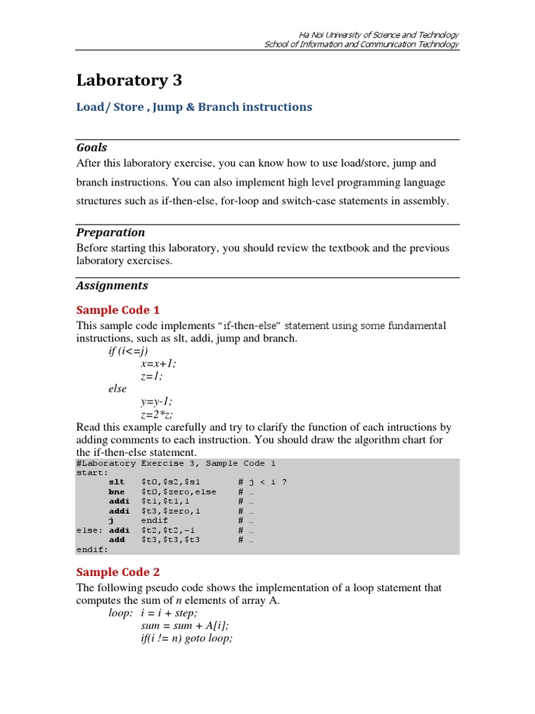 Laboratory 3: Load/ Store, Jump & Branch Instructions | PDF | Control ...