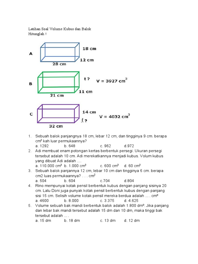Latihan Soal Volume Kubus Dan Balok | PDF