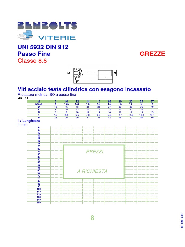 UNI 5932 DIN 912 Passo Fine: Classe 8.8 | PDF
