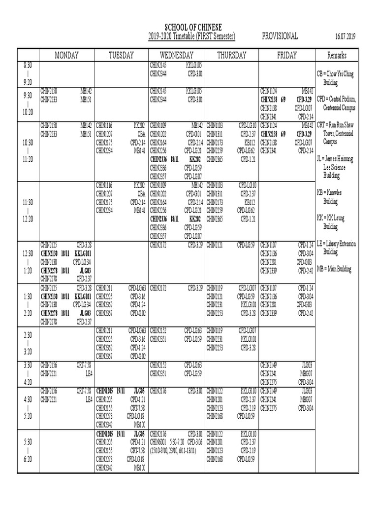 2019-2020 Chinese School Timetable | PDF