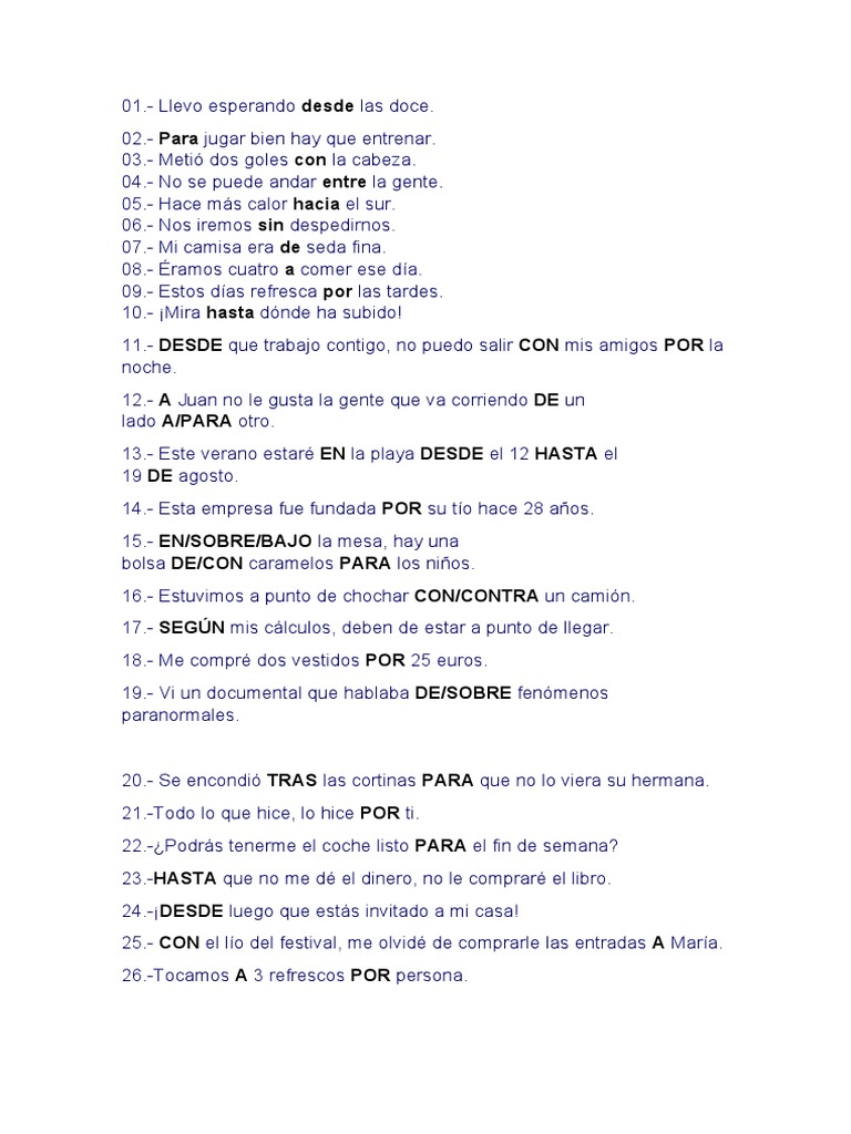 Desde para Con Entre Hacia Sin de A Por Hasta Desde CON POR A DE A/Para ...