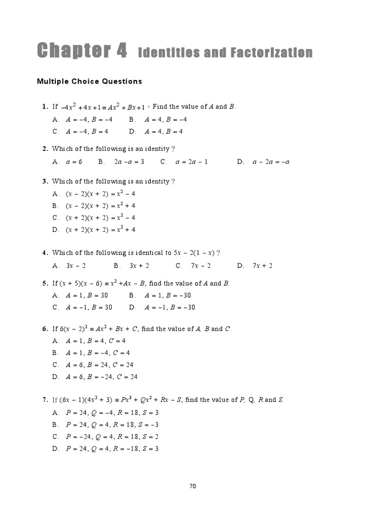 S2 CH 4 Identities and Factorization Q | PDF | Algebra | Teaching Mathematics