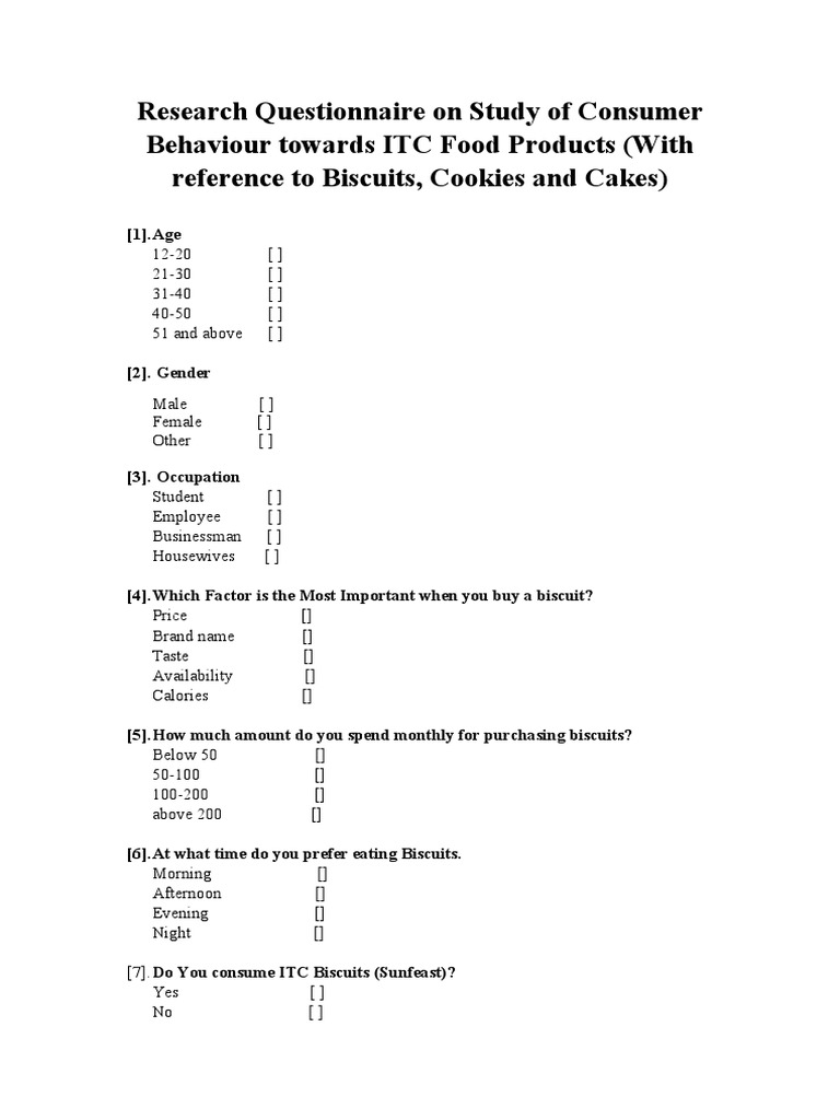 Research Questionnaire On Study of Consumer Behaviour Towards ITC Food ...