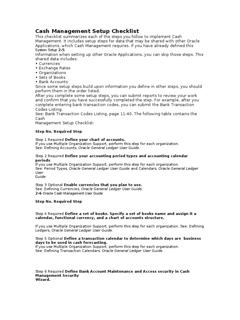 Cash Management Setup Checklist | PDF | Oracle Database | Receipt