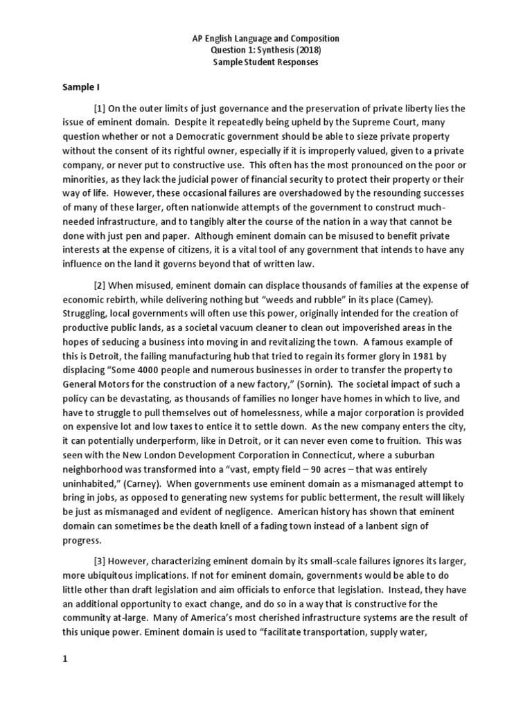 Sample I: AP English Language and Composition Question 1: Synthesis ...