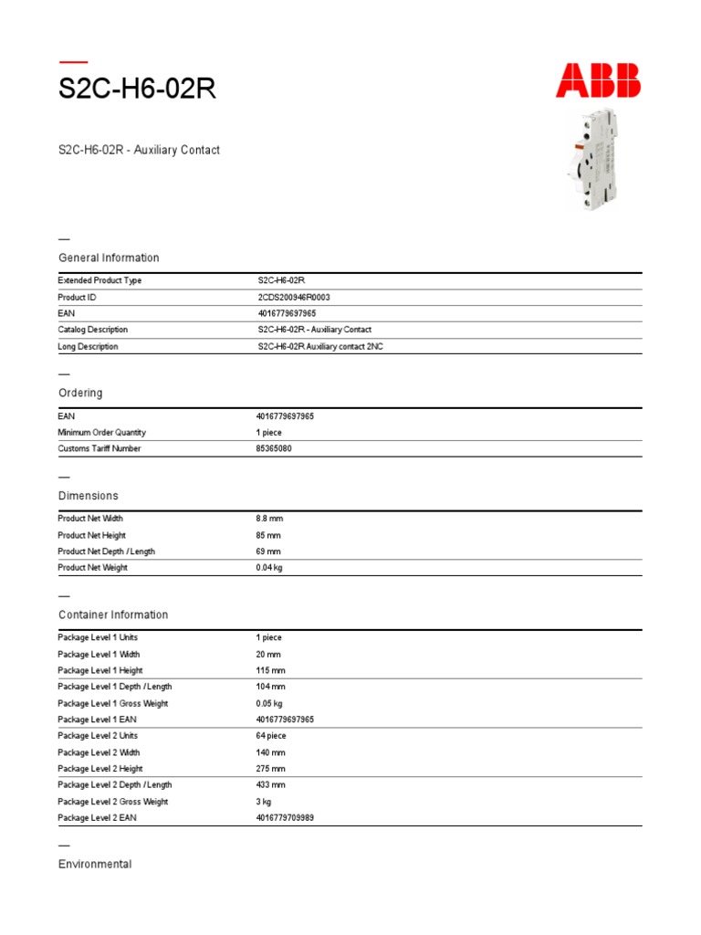2CDS200946R0003 s2c h6 02r Auxiliary Contact | PDF | Electricity | Electrical Engineering