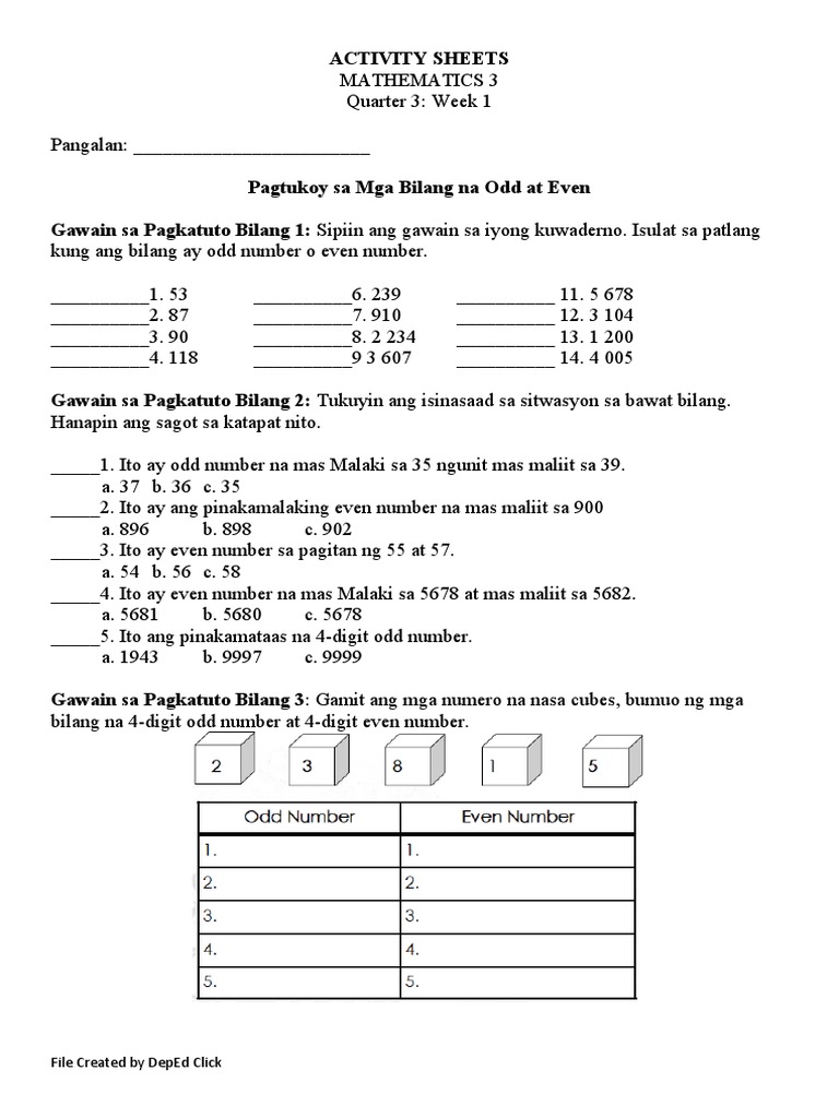 MATHEMATICS 3 Activity Sheet Q3 W1 | PDF