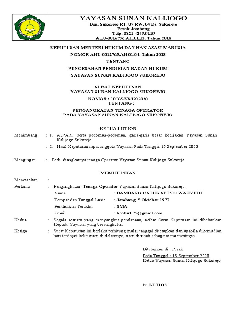 Contoh SK Operator Yayasan WAHYUDI | PDF