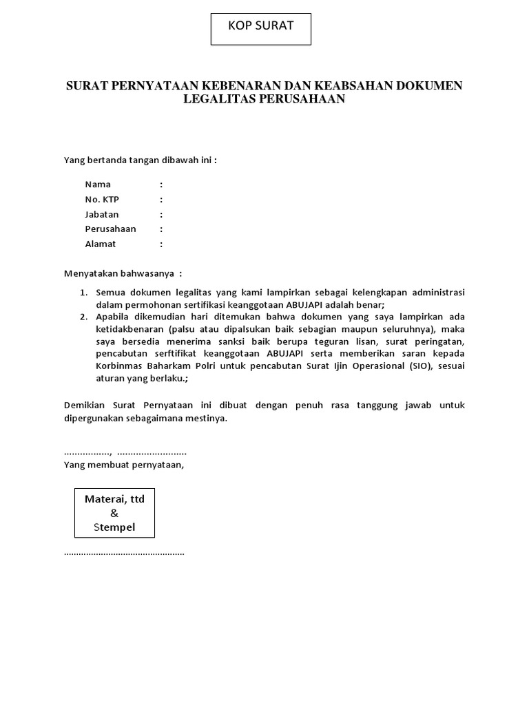 Contoh Surat Pernyataan Kebenaran Dan Keabsahan Dokumen Legalitas Perusahaan | PDF
