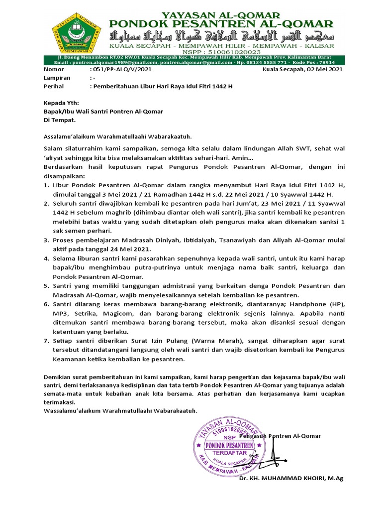 Surat Pemberitahun Libur | PDF