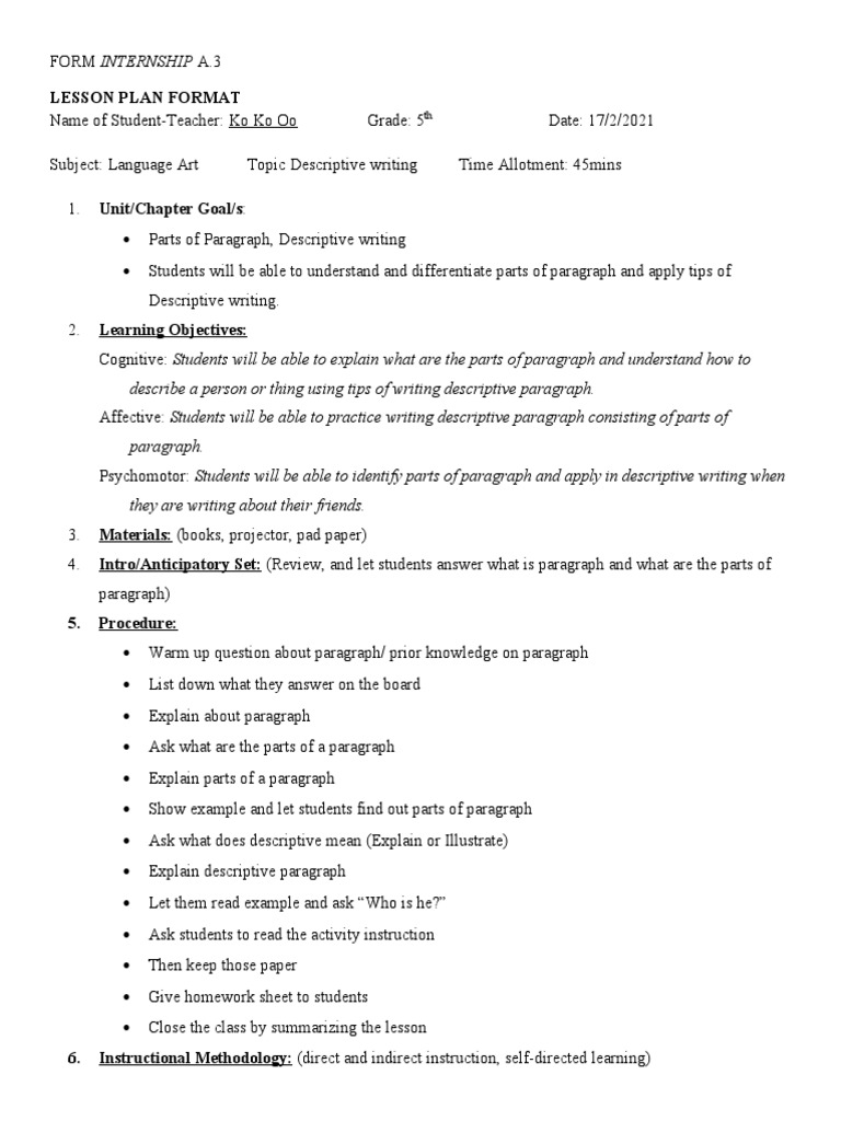 Lesson Plan For Descriptive Paragraph | PDF