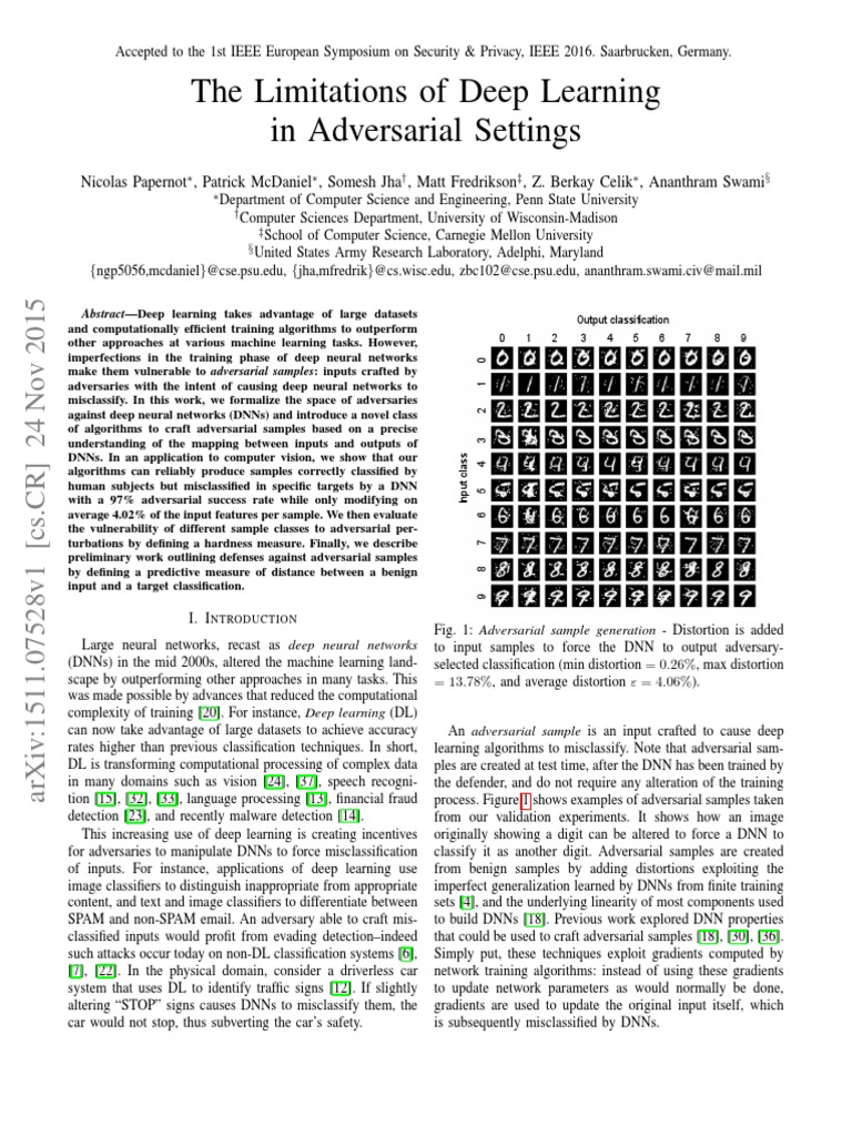 The Limitations of Deep Learning in Adversarial Settings | PDF | Deep ...