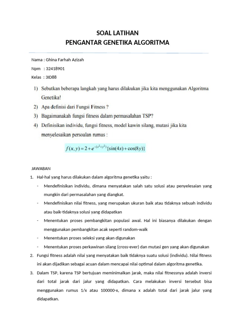 Ghina Farhah Azizah - 3ID88 - Tugas 7 SOAL LATIHAN GENETIKA ALGORITMA | PDF