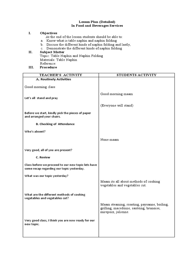 Lesson Plan (Detailed) in Food and Beverages Services I. Objectives ...