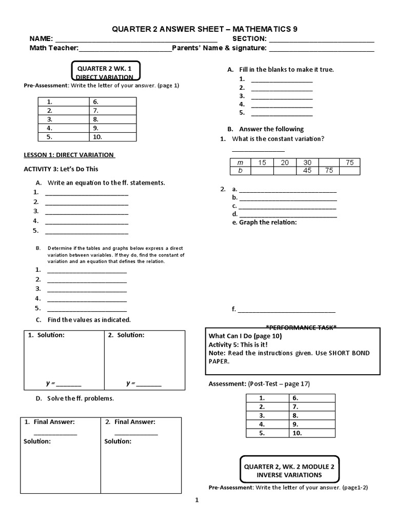 Quarter 2 Answer Sheet - Mathematics 9: Pre-Assessment: Write The ...