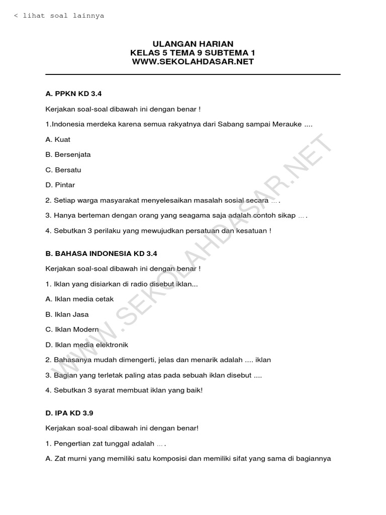 Soal Penilaian Harian Kelas 5 Tema 9 Subtema 1 | PDF