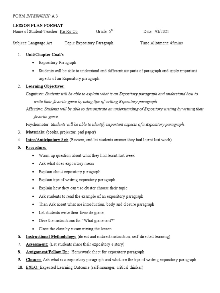 Lesson Plan For Expository Paragraph | PDF | Career & Growth | Language ...