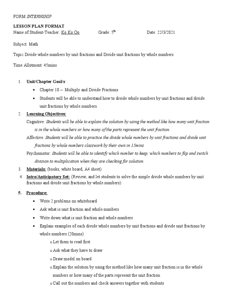 Lesson Plan For CH 10 Divide and Multiply Fractions | Download Free PDF ...