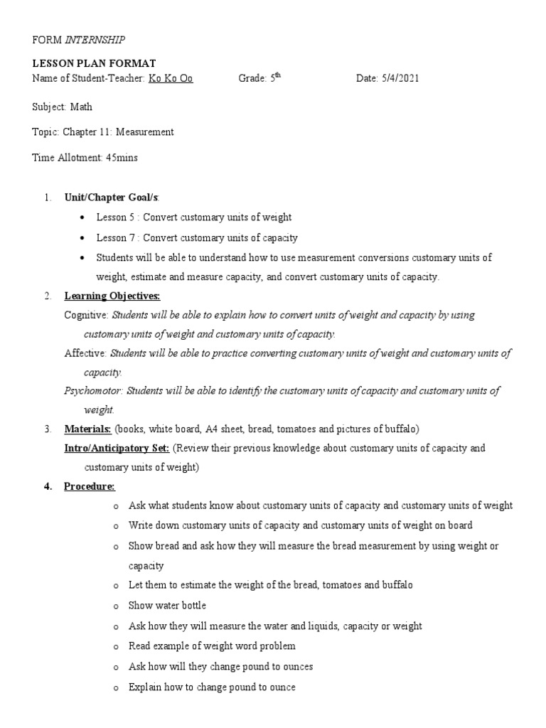 Lesson Plan For CH 11 Lesson 5-7 | PDF | Gallon | Pint