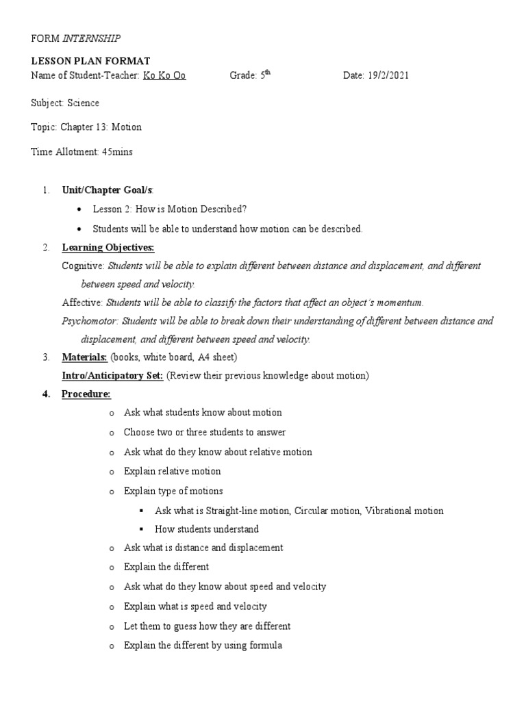 Lesson Plan Format: Between Speed and Velocity | PDF