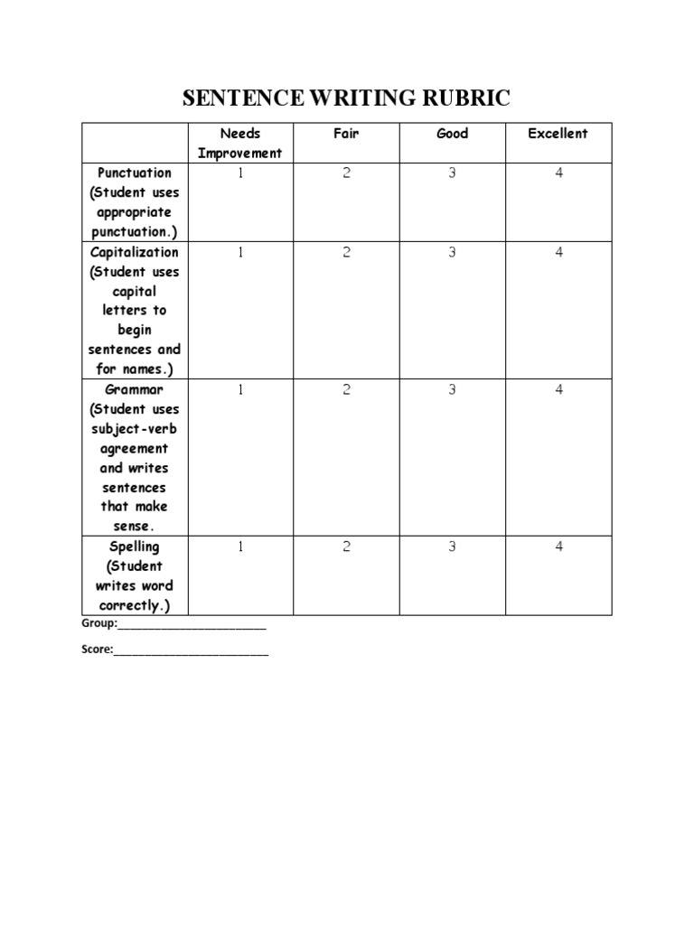 Sentence Writing Rubric For First Grade Writing Alive Web Applications