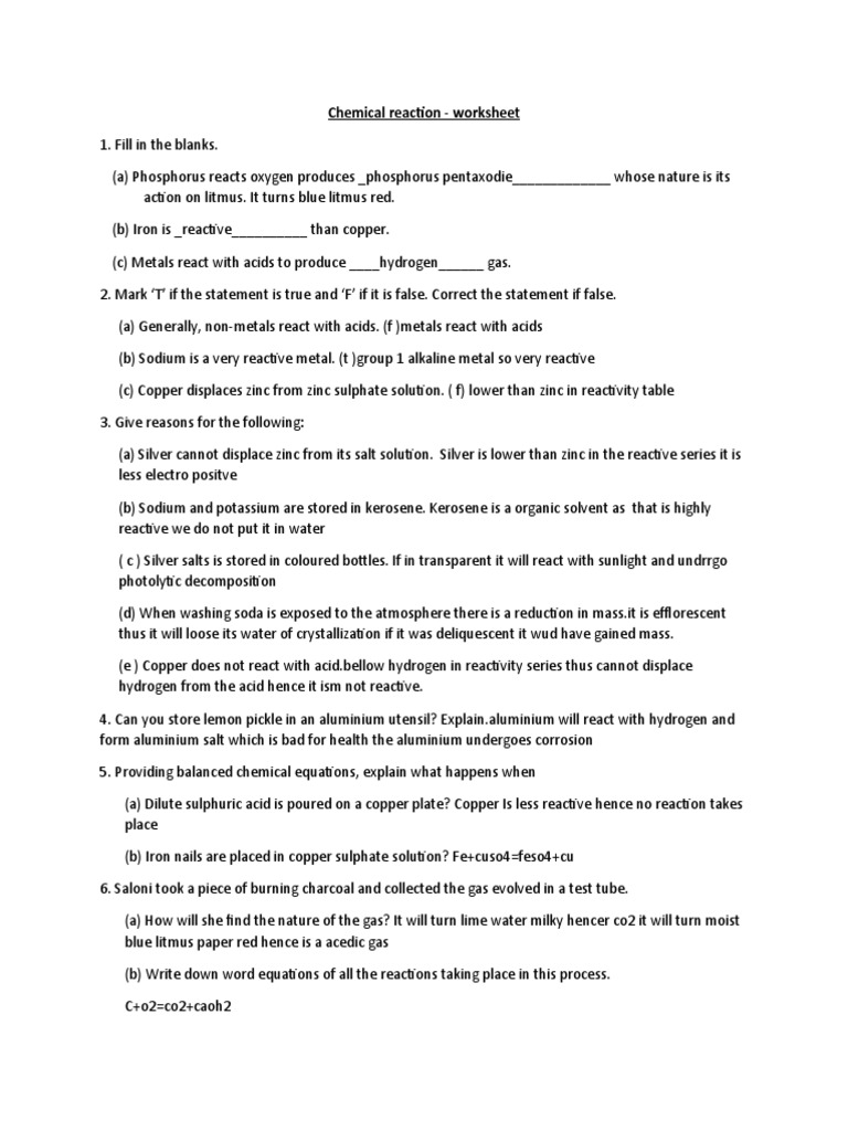 Chemical Reactions and Periodic Table Worksheet | PDF | Periodic Table ...