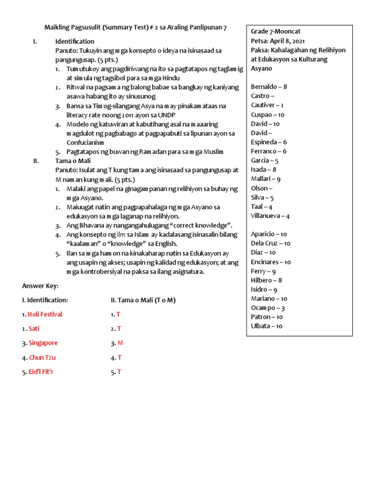 Maikling Pagsusulit # 2 Sa Araling Panlipunan 7 | PDF