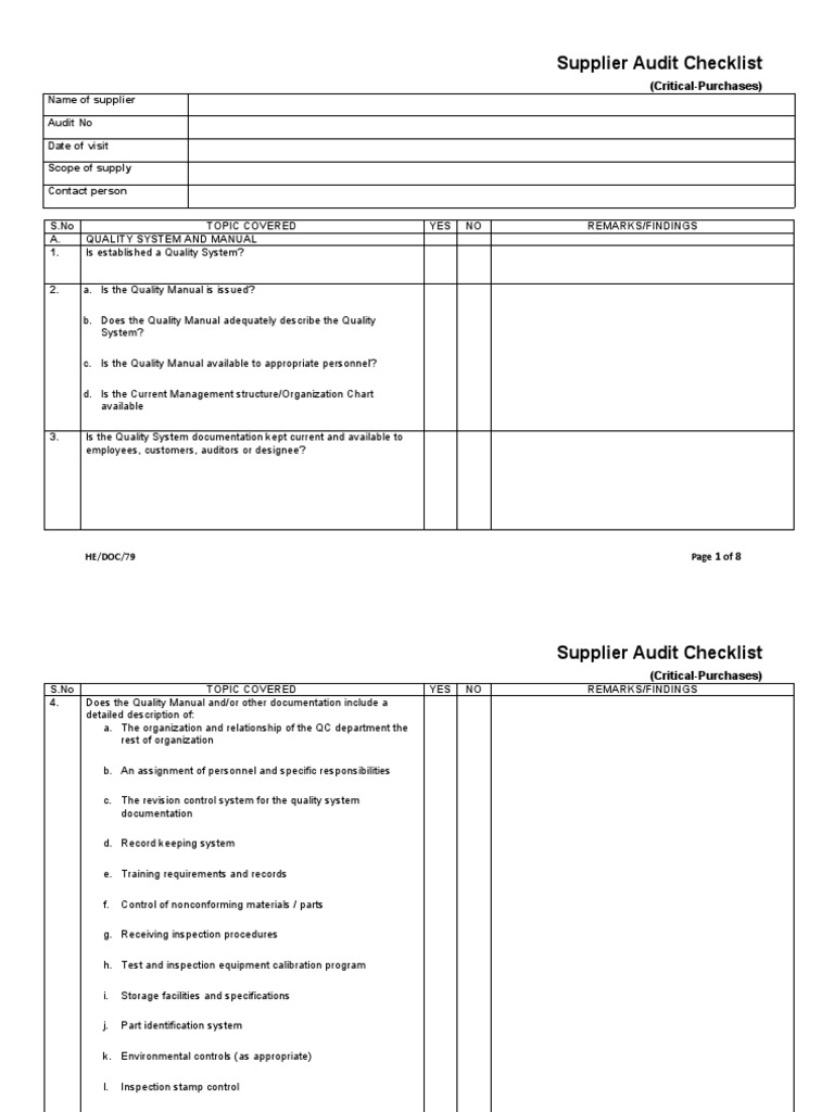 Supplier Quality Audit Checklist | PDF | Audit | Calibration