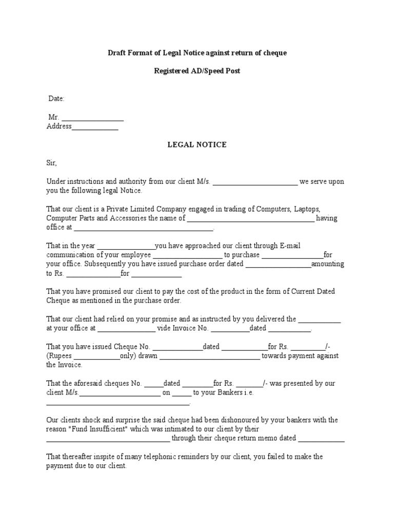 Legal Notice Against Return of Cheque | PDF | Negotiable Instrument ...
