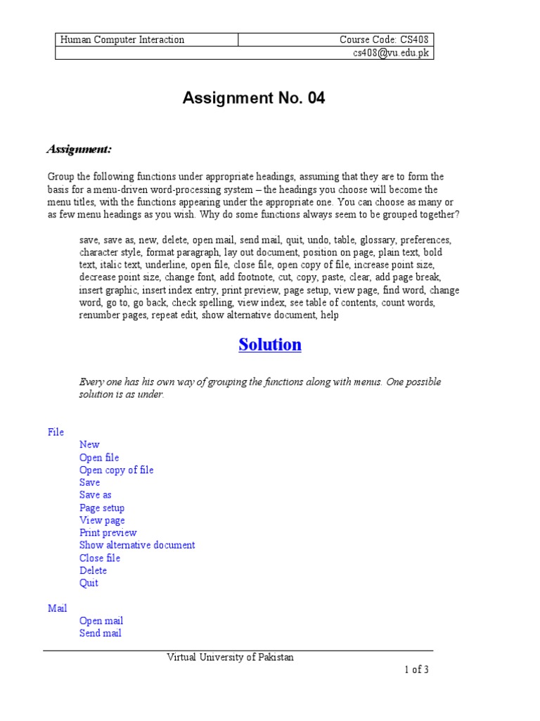 Human Computer Interaction - CS408 Fall 2006 Assignment 04 Solution | PDF | Menu (Computing ...