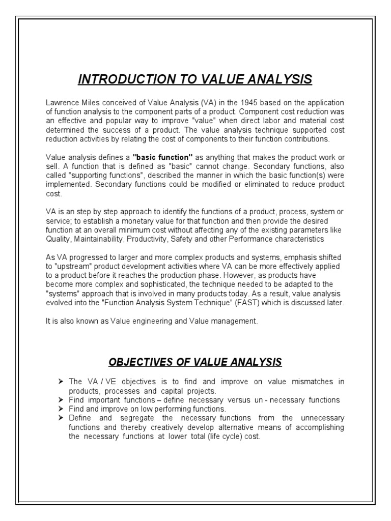 Value Analysis: Process and Objectives | PDF | Business Economics ...