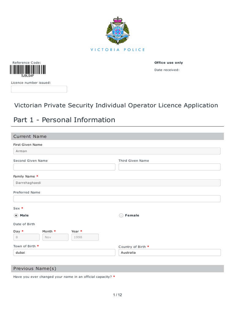 Part 1 - Personal Information: Victorian Private Security Individual ...