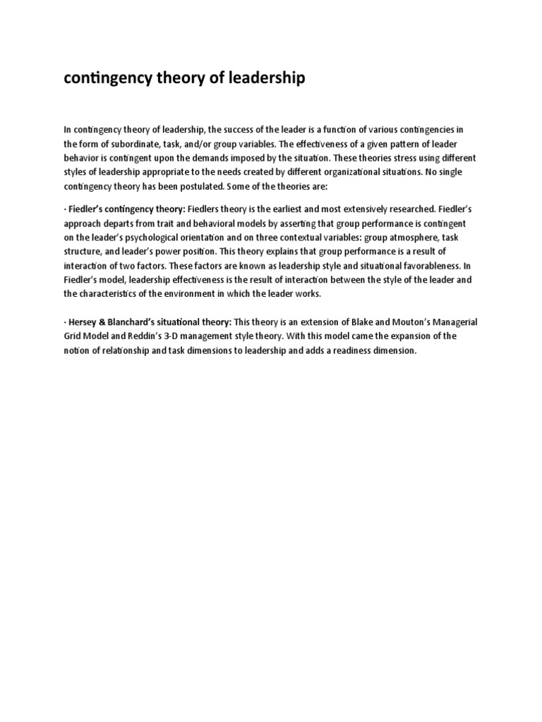 Leadership in Contingency Theory | PDF