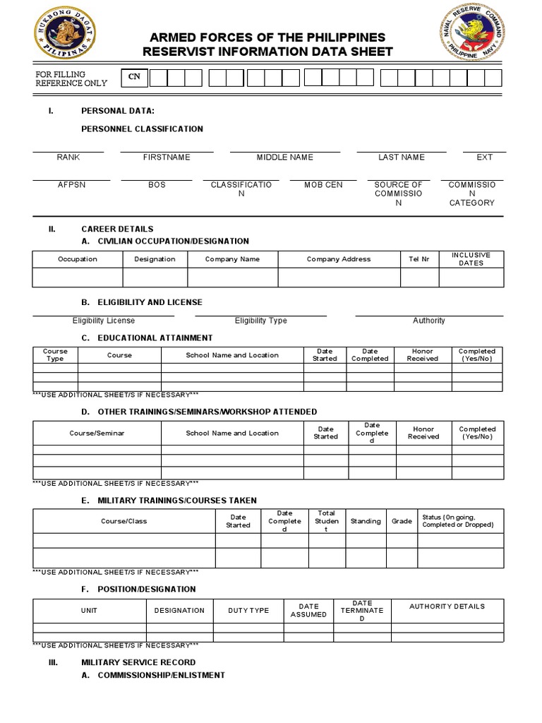 Armed Forces of The Philippines Reservist Information Data Sheet | PDF ...