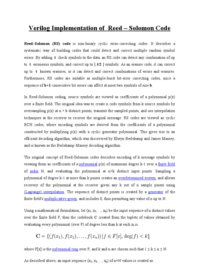 Verilog Implementation of Reed - Solomon Code | PDF | Field ...
