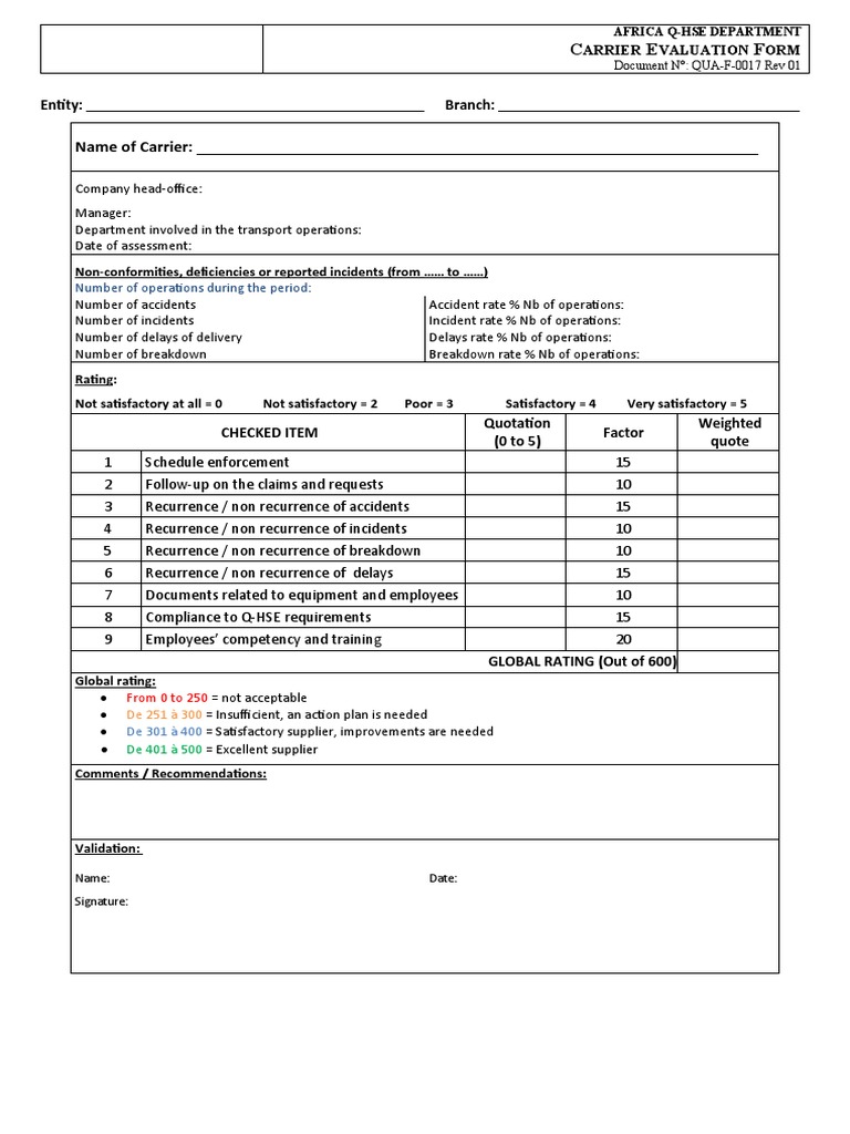 Carrier Evaluation Form | PDF | Accident (General) | Business
