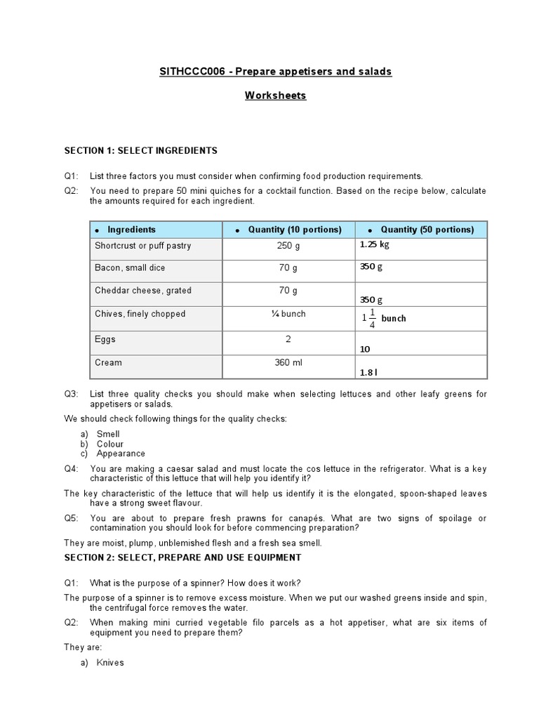 SITHCCC006 - Prepare Appetisers and Salads Worksheets: Section 1 ...