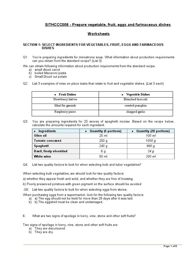 SITHCCC008 - Prepare Vegetable, Fruit, Eggs and Farinaceous Dishes ...