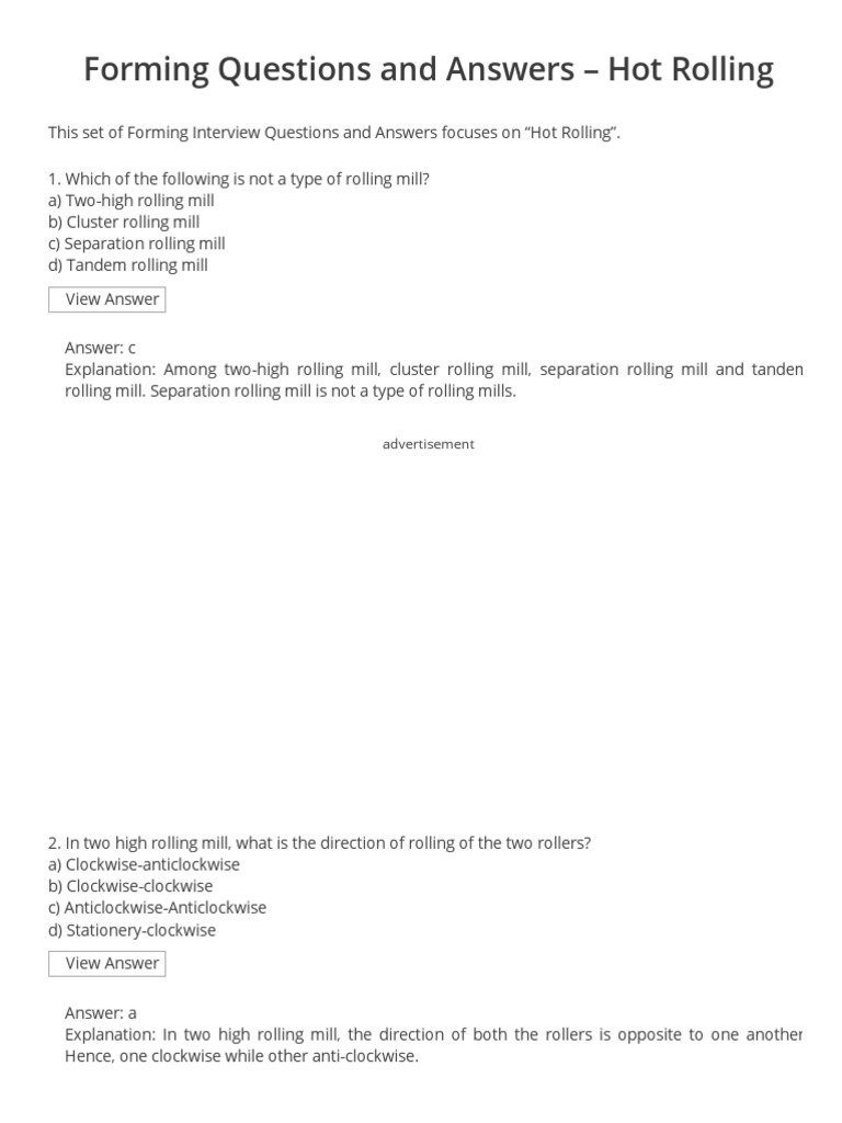 Forming Interview Questions and Answers - Sanfoundry | PDF | Rolling (Metalworking) | Procedural ...