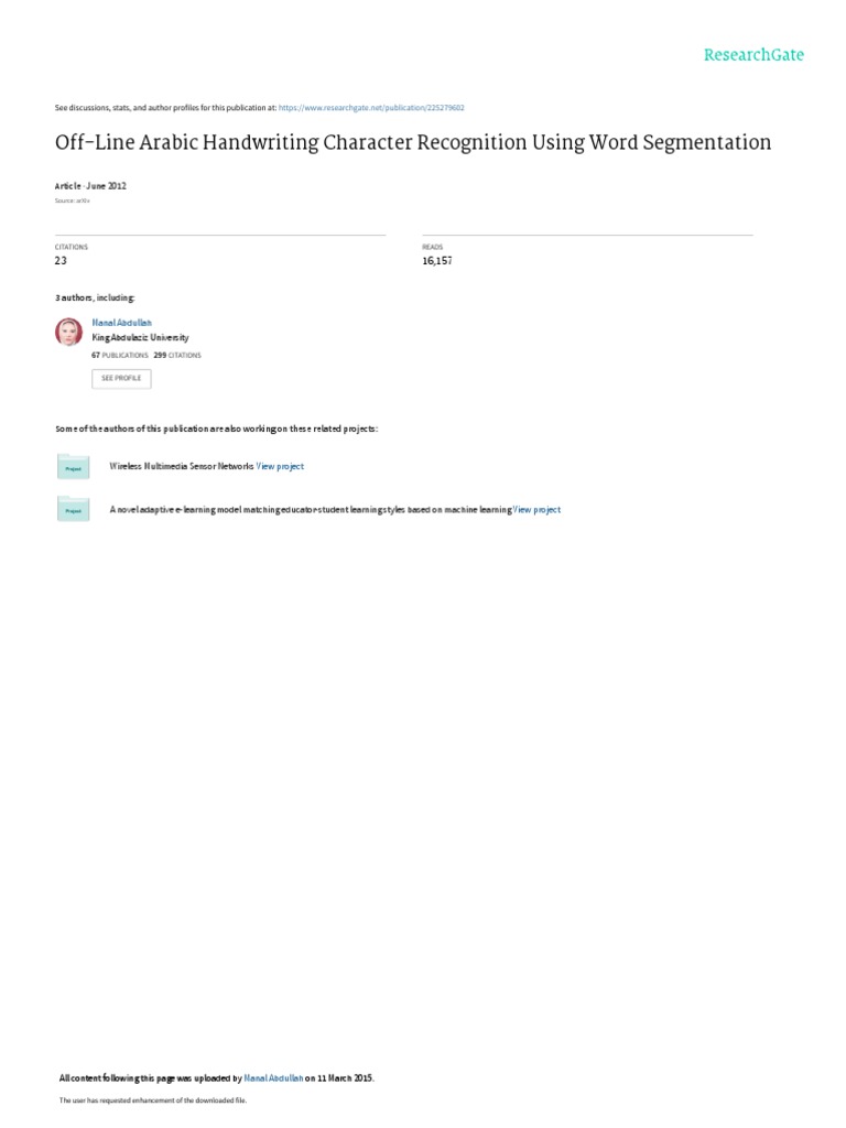 Off Line Arabic Handwriting Character Recognition Using Word Segmentation Pdf Optical