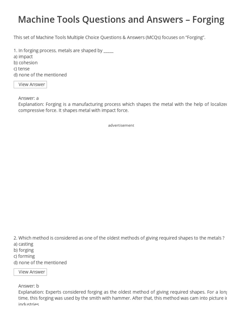 Forging - Machine Tools Questions and Answers - Sanfoundry | PDF ...