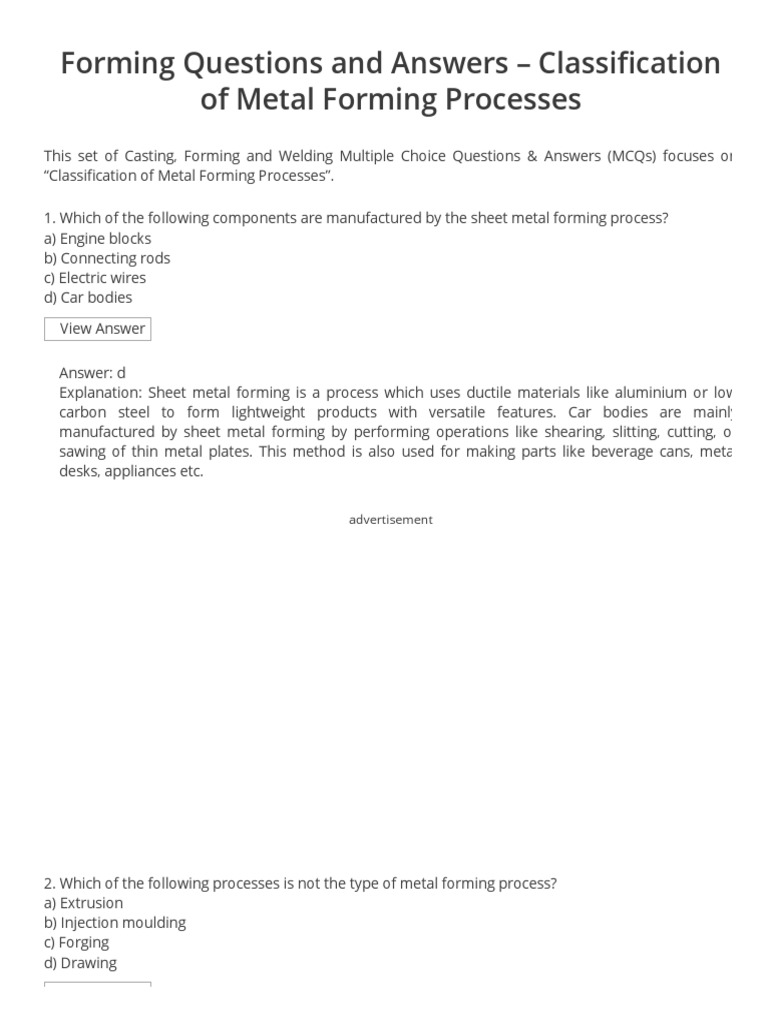 Metal Forming Processes Classification Questions and Answers ...