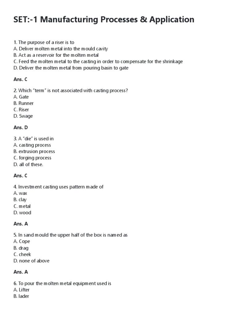 Multiple Choice Questions On Manufacturing Processes & Application Part ...