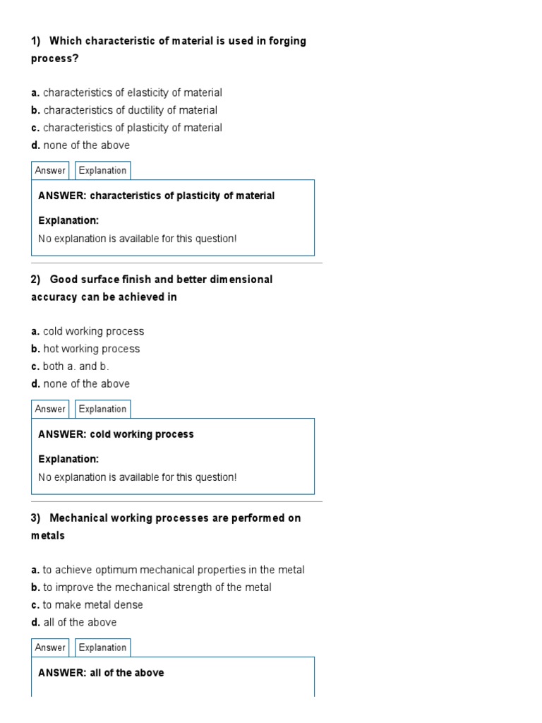 Metal Forming Processes - Mechanical Engineering (MCQ) Questions and ...