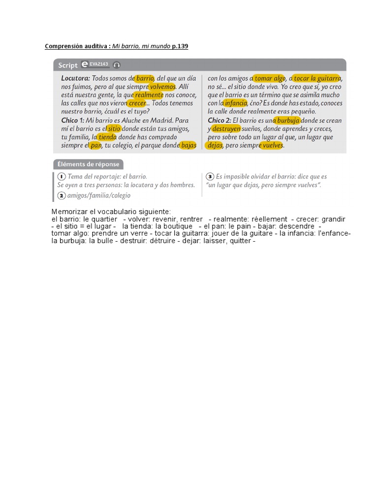 Vocabulario clave sobre el barrio y la infancia según el documento 'Mi ...